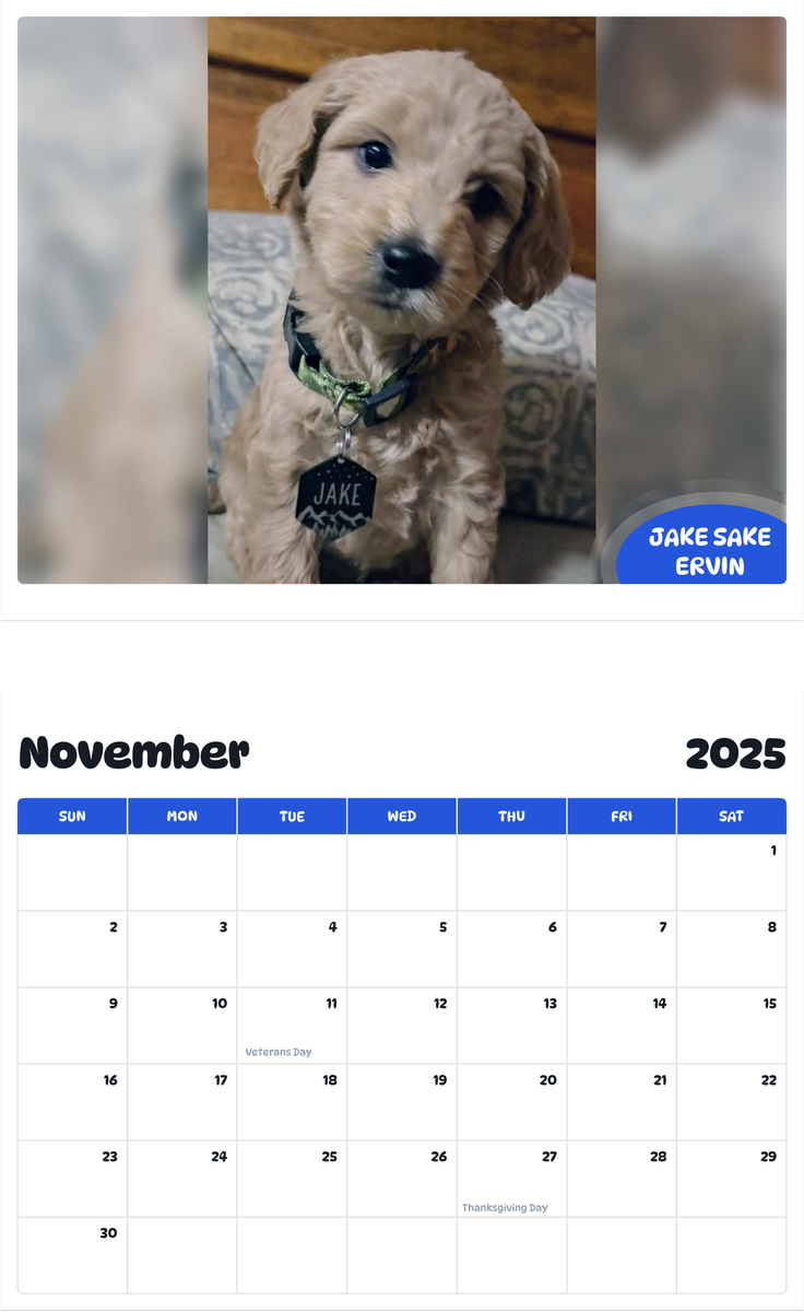 July 2025 - June 2026 Jake Sake Ervin - Pawidols Pet Calendar