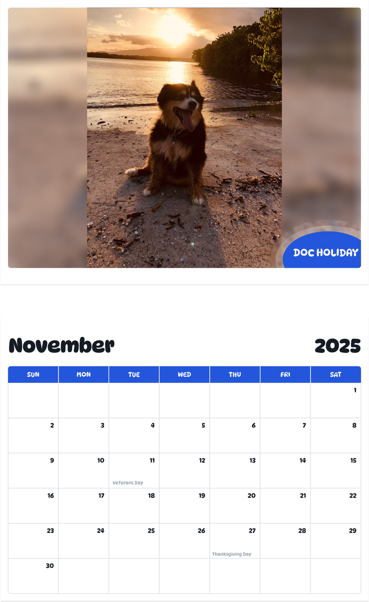 July 2025 - June 2026 Doc Holiday - Pawidols Pet Calendar